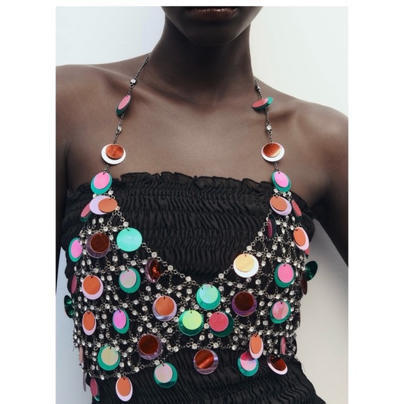 Zara | Tops | Zara Sequin Rhinestone Chain Top Rainbow Multicolored Nwt ...